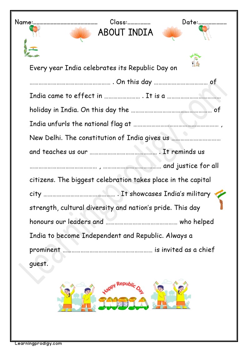 Free Printable India Republic Day Worksheet - About India. - Worksheet ...