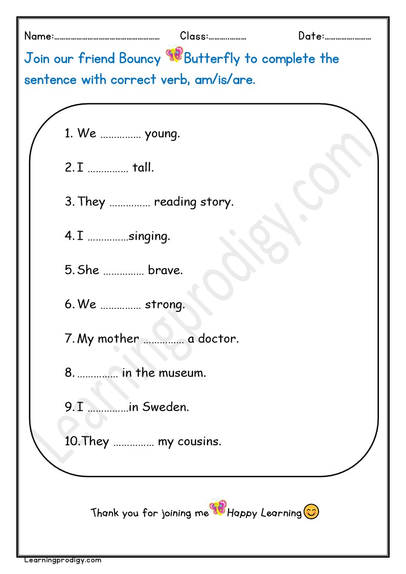 Free Printable is/am/are English Verb Worksheet for Grade One Kids-2 ...