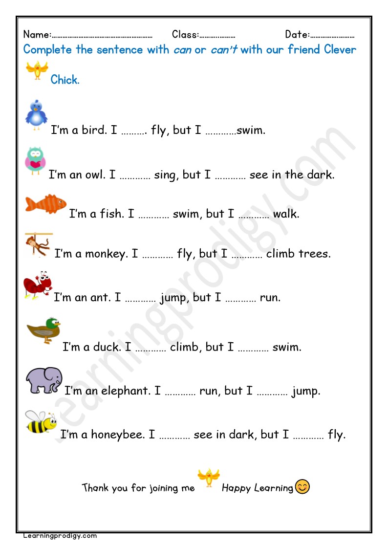 Free Printable 'Can' or 'Can't' English Worksheet for Grade One Kids-1 ...