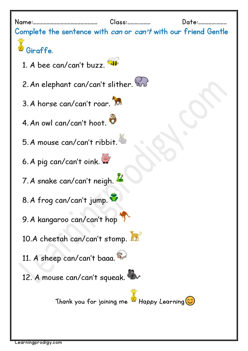 Free Printable 'Can' or 'Can't' English Worksheet for Grade One Kids-2 ...