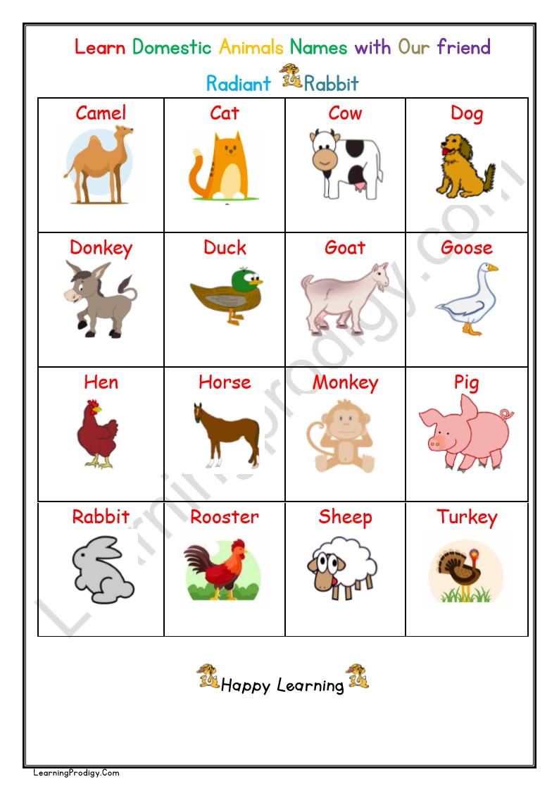 Free Printable Domestic Animals Picture Chart in English For ...