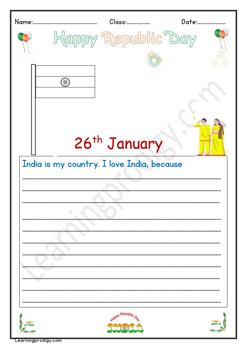 Free Printable India Republic Day Worksheet - I Love My Country Write ...