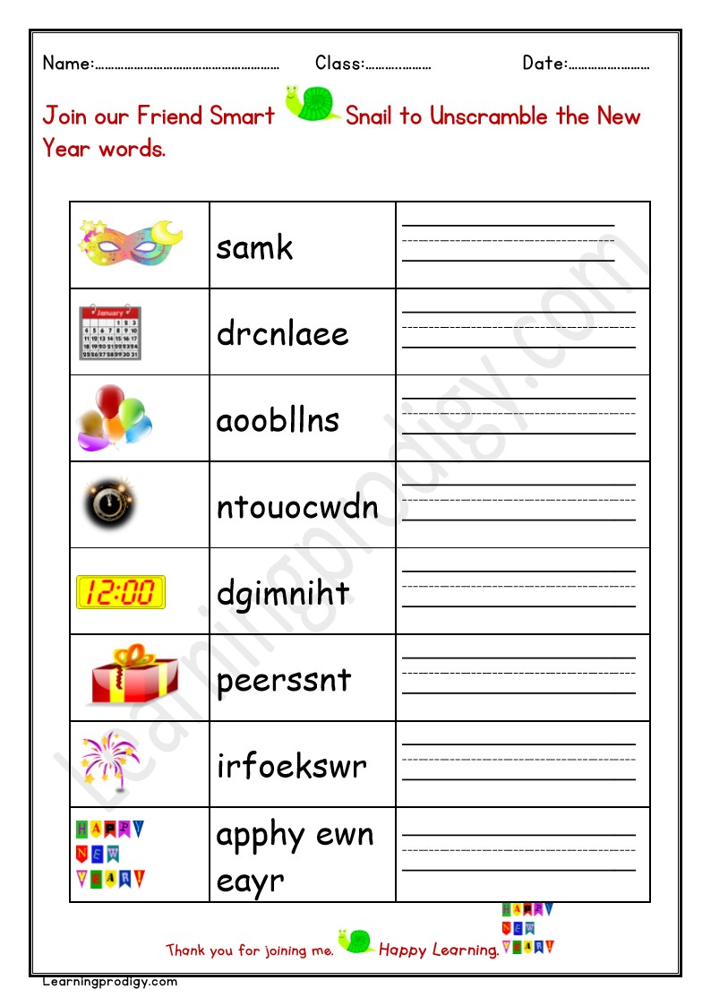 Free Printable New Year Unscramble the Words - worksheet ...