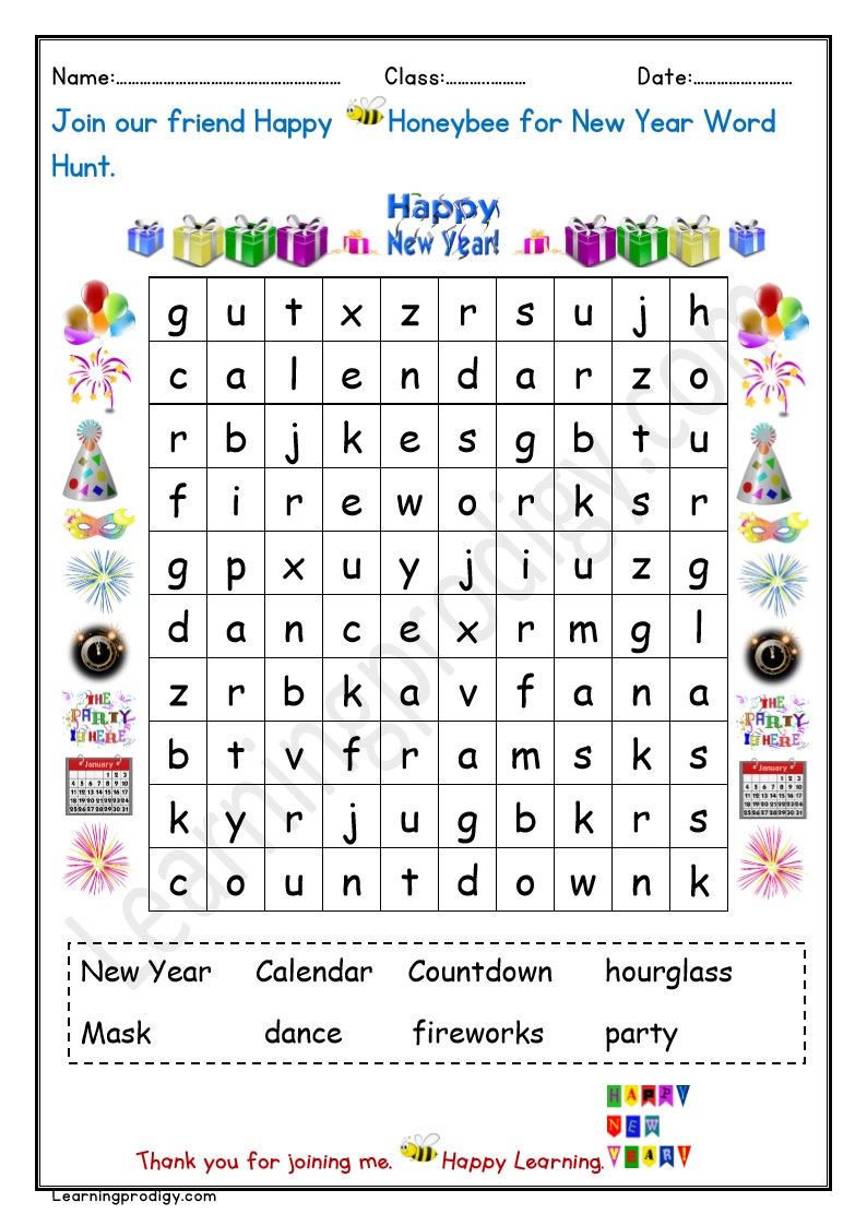 Free Printable New Year Word Hunt Activity Worksheet for Students ...