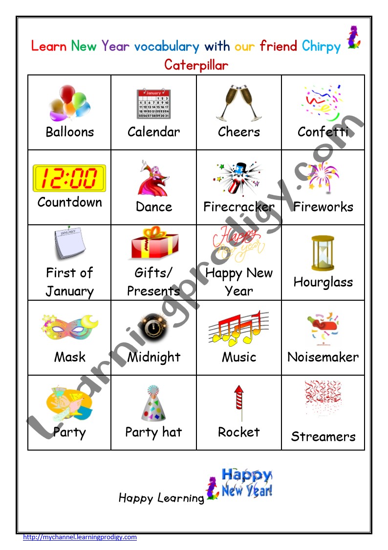 Free Printable New Year Vocabulary Chart | New Year Celebration Words ...