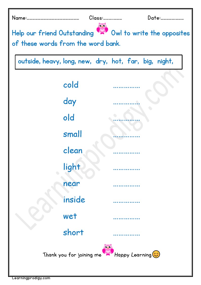 Free Printable English Opposite Worksheet for Grade One. - worksheet ...