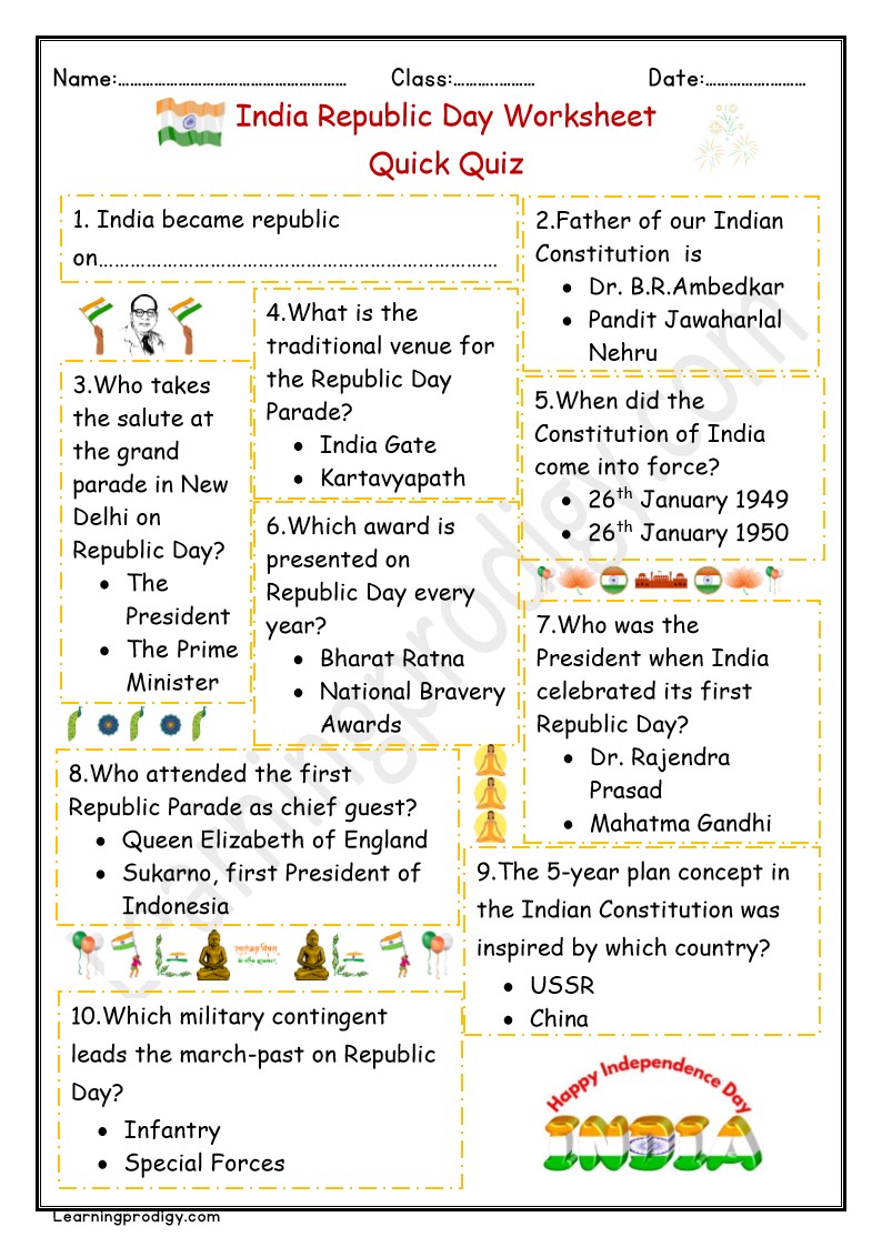 Free Printable India Republic Day Worksheet - Quiz on India - Worksheet ...