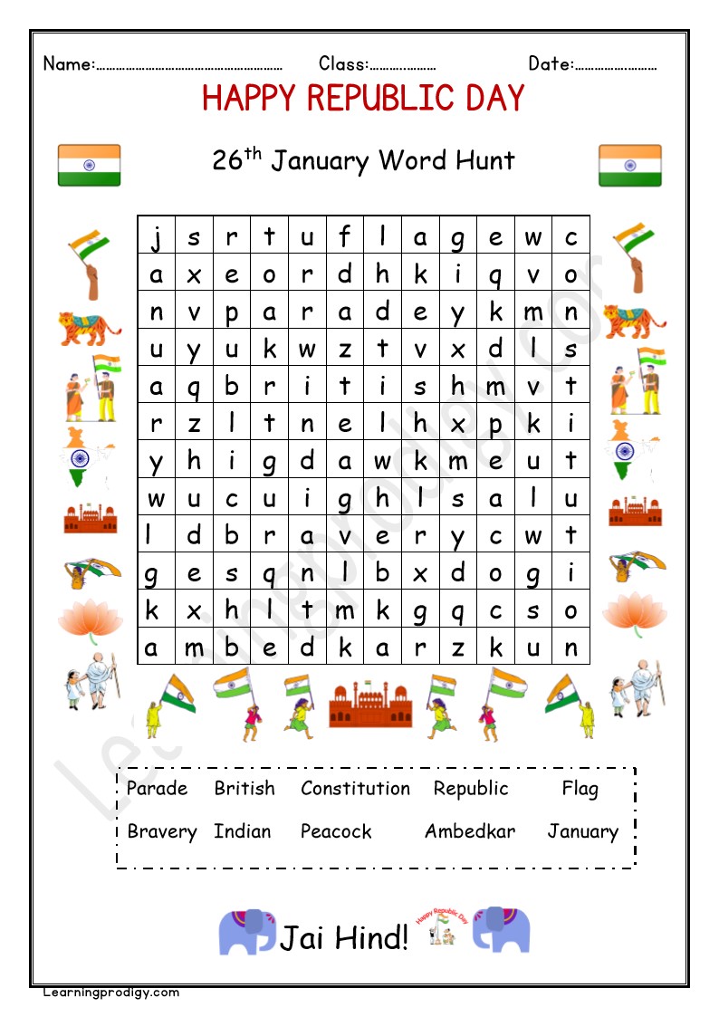 Free Printable India Republic Day Worksheet- Word Hunt - Worksheet ...