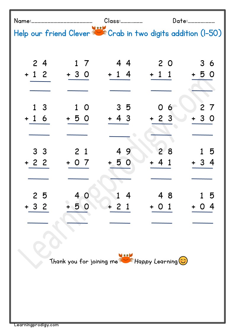 Free Printable Maths Two Digits Addition Worksheet For Students(1-50 ...