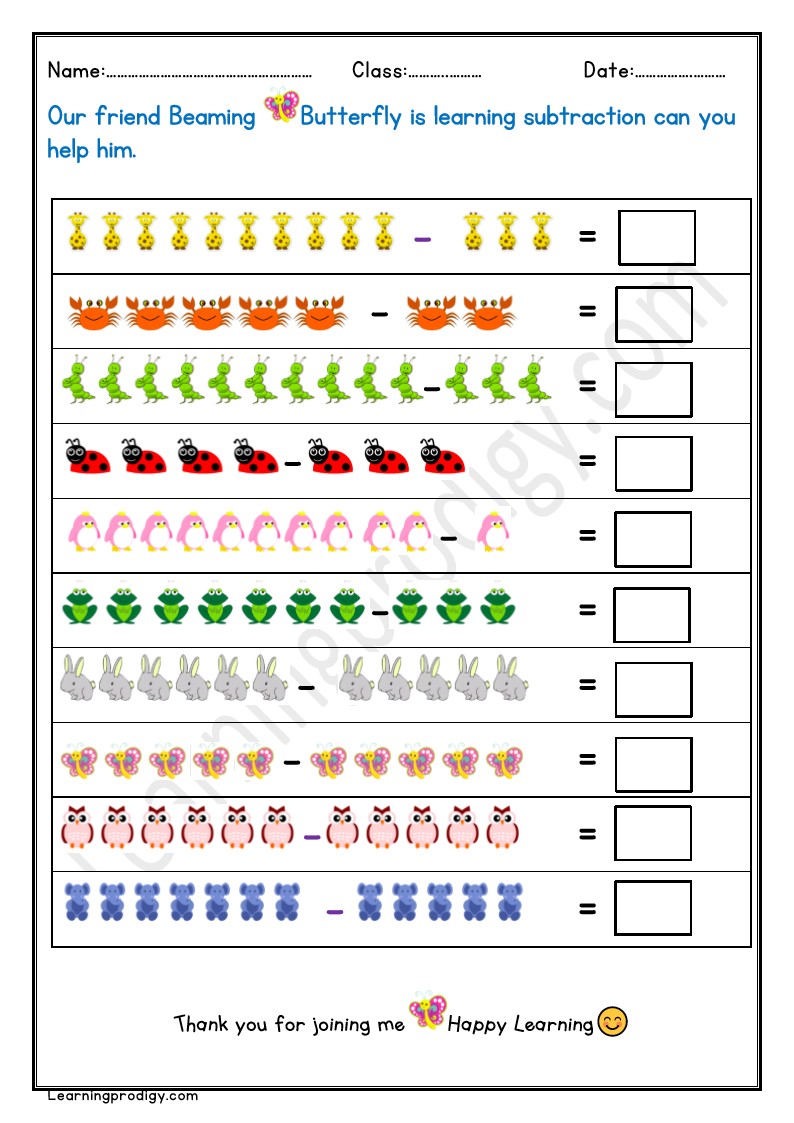 Free Printable Maths Animals Subtraction Worksheets for Kindergarten ...