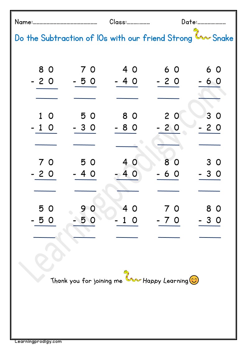 Free Printable Maths Subtraction By Tens Worksheet For Grade One Kids ...